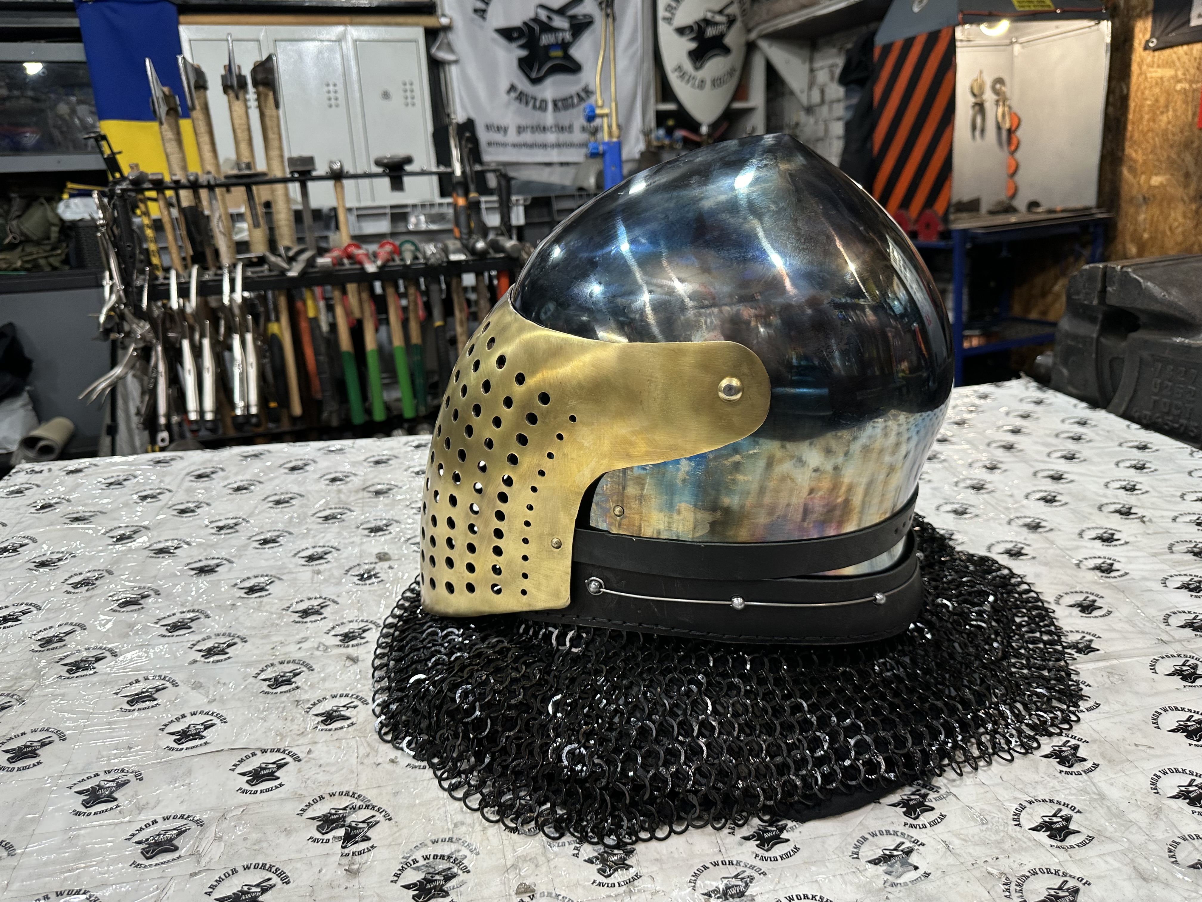 Armored helmet “sieve” brass visor and blue dome